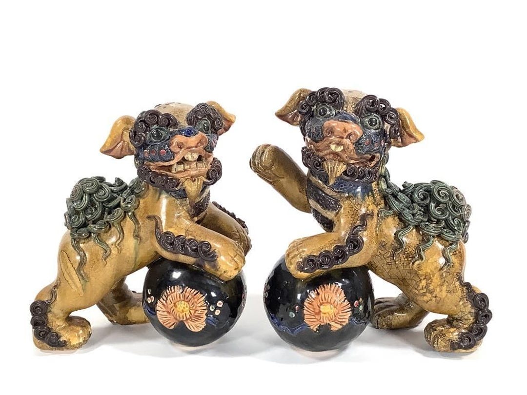 Foo Dog Figurine Pair of Mid-century Chinese Ceramic Polychrome Foo ...