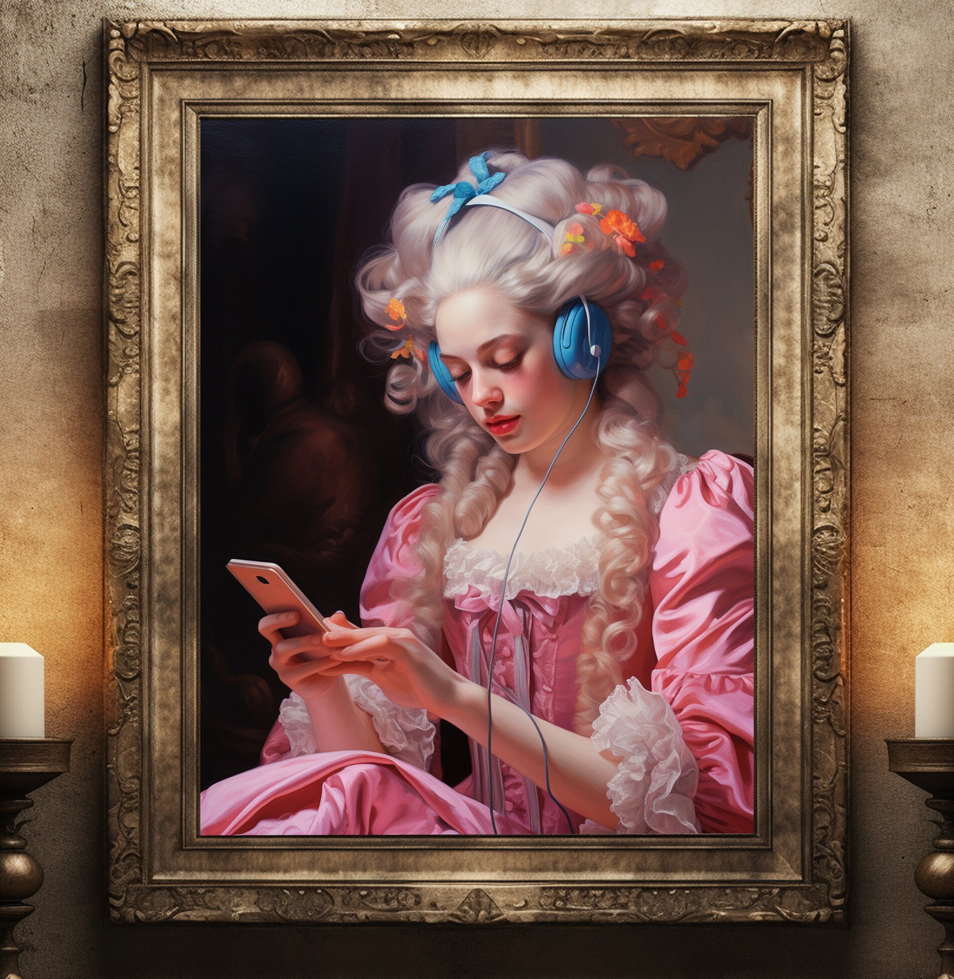Humorous Art Print Funny Rococo Paintings, Elegant Lady Holding Cell ...