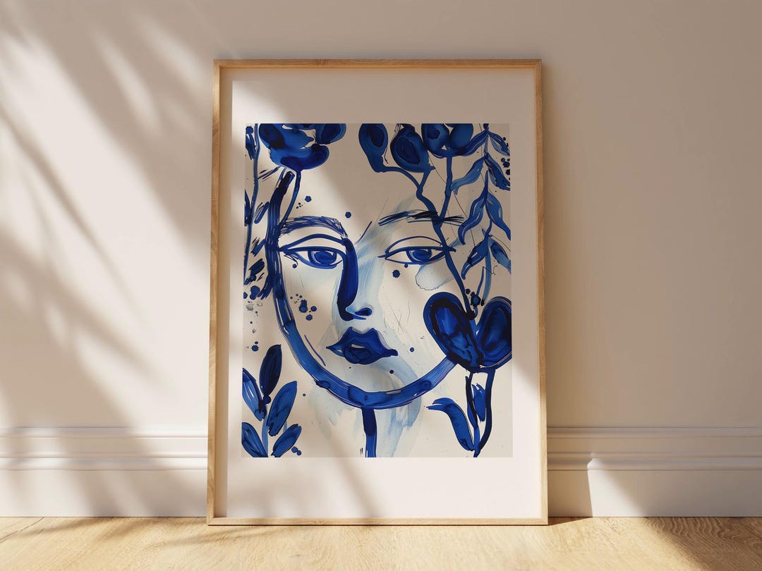 ART PRINT Woman Face Blue Ink Sketch Abstract Girl Face Modern ...