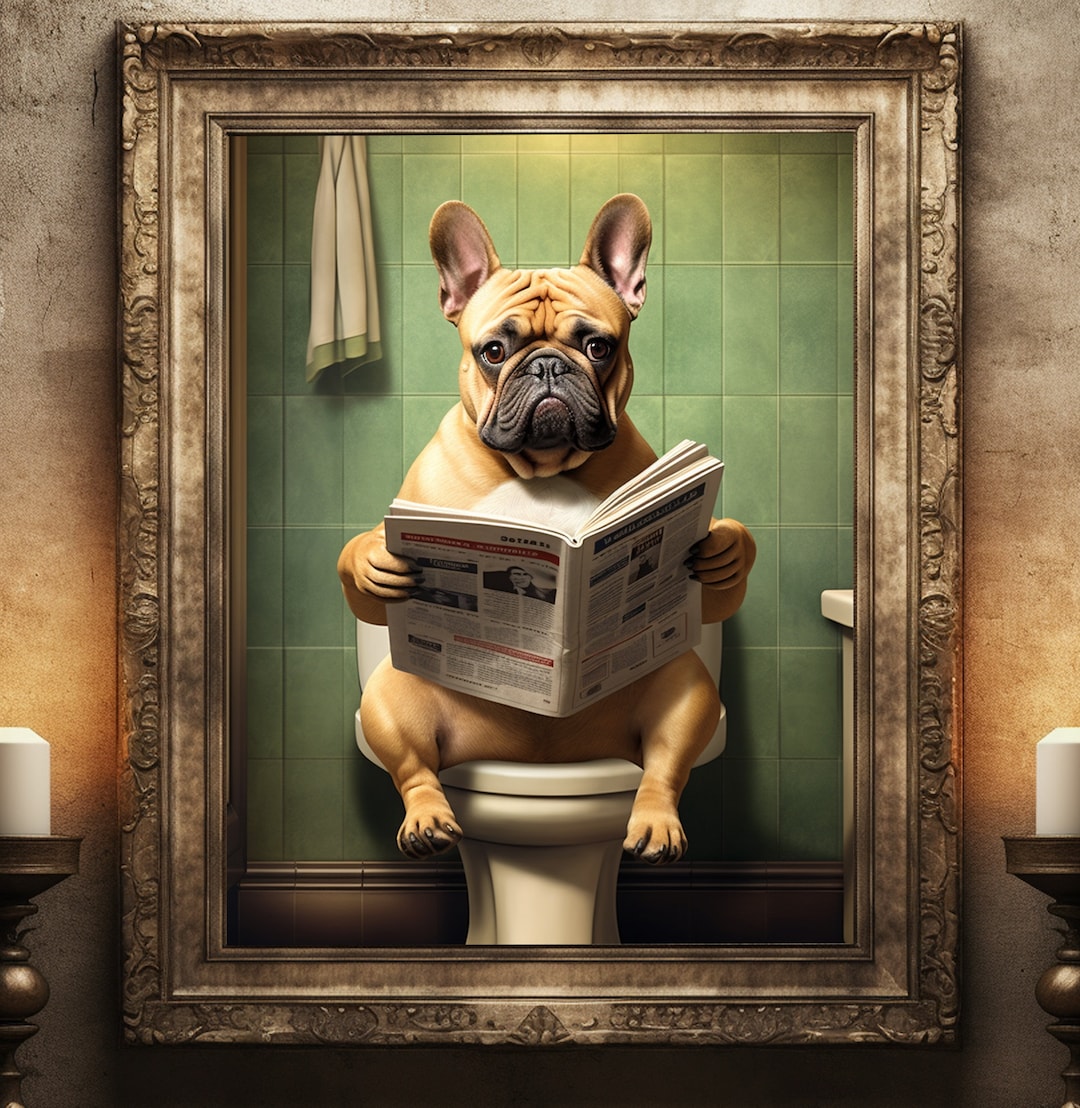 Funny Humorous Restroom Dog on Toilet Art Print Dog Reading Newspaper ...