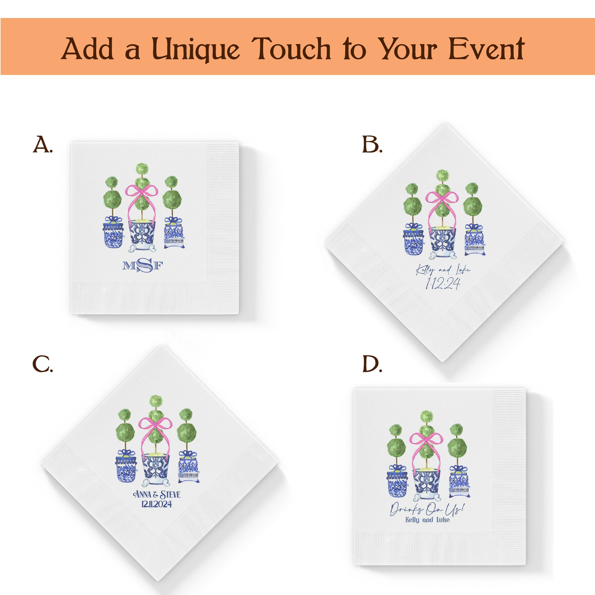 Custom Printed Napkins for Event Preppy Topiary Chinoiserie Design ...