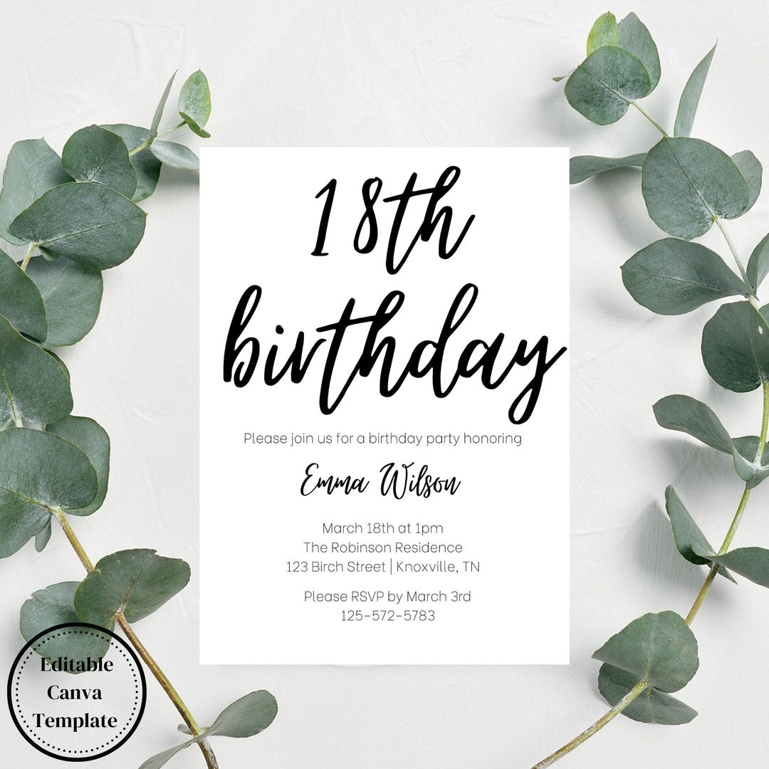 18th Birthday Invitation Canva Template, Editable Template, 18th ...