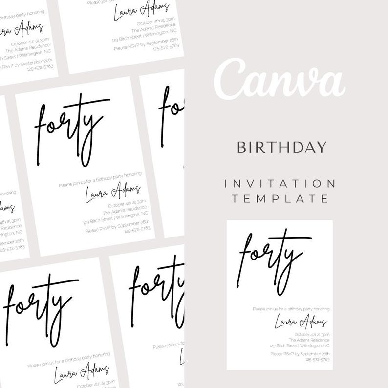 Editable 40th Birthday Party Invitation Canva Template Instant Download ...