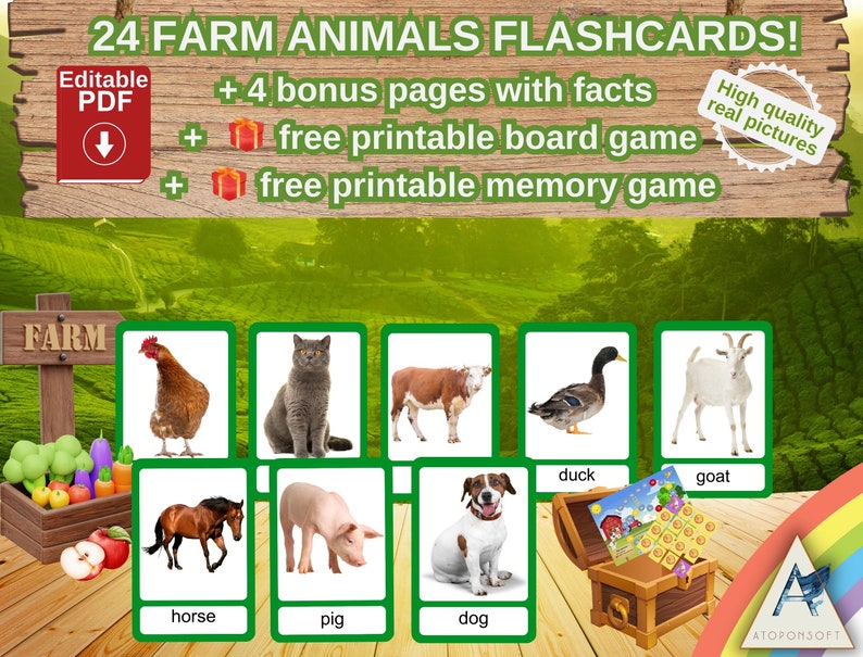 24 FARM ANIMALS FLASHCARDS, Montessori, Flashcards, Educational ...