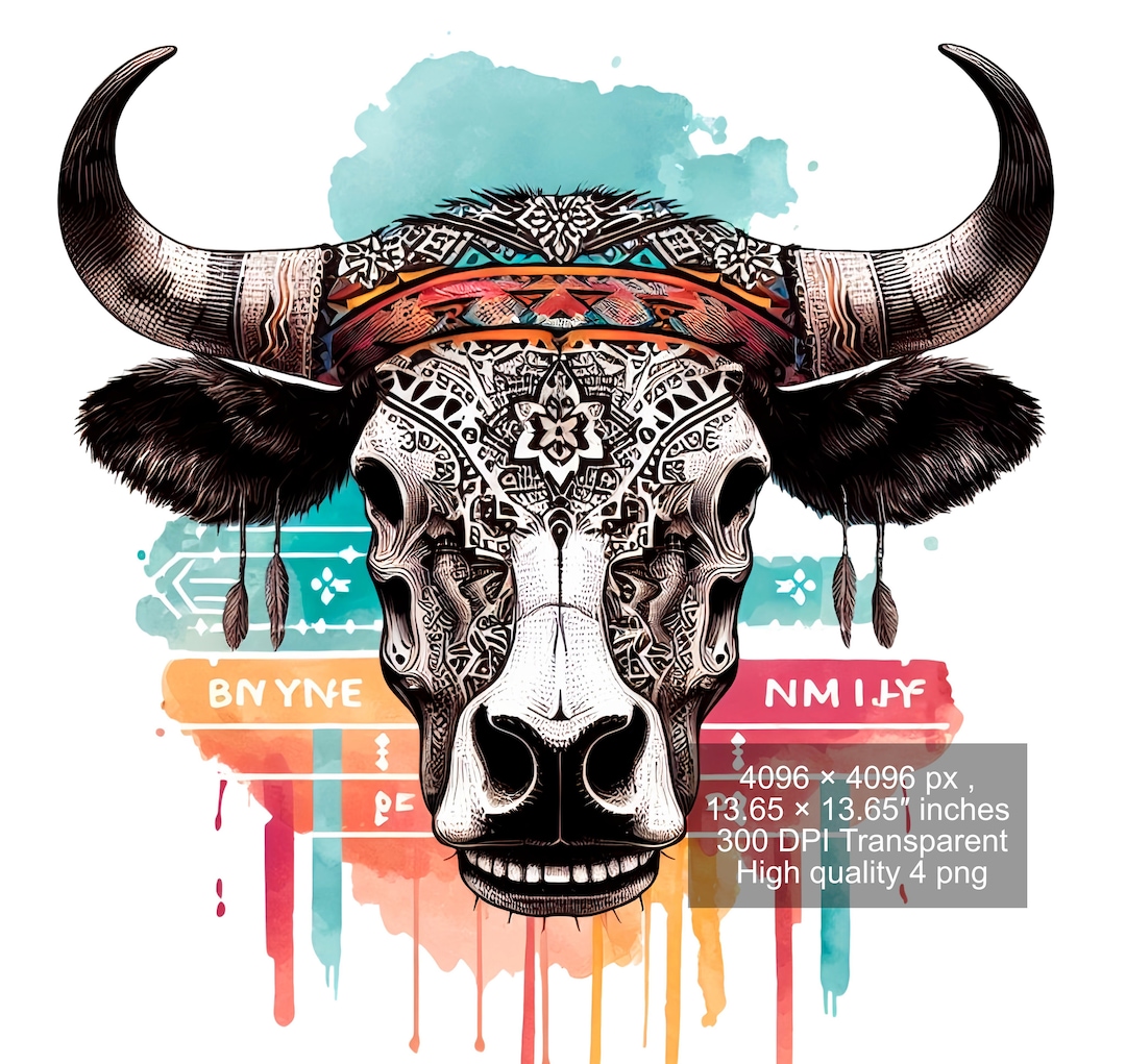 4 Png Watercolor Cow Print Aztec Western Bull Skull , Western PNG ...
