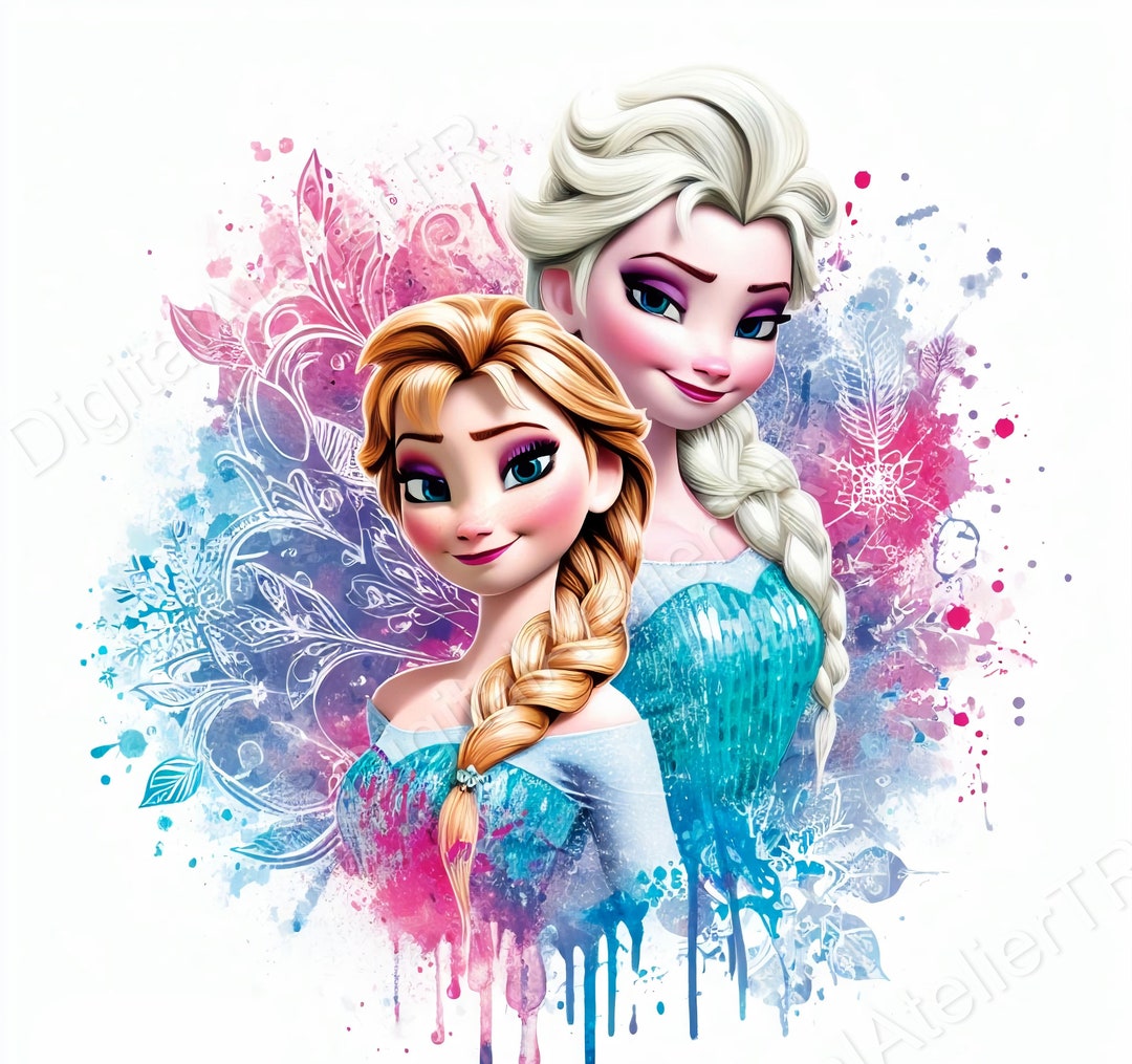 Elsa and Anna Frozen Splash and Watercolor Digital design PNG file for ...