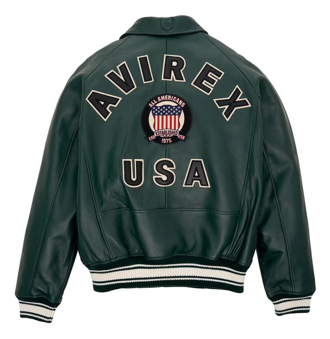 Men's Avirex Green & White Real Bomber American Flight Jacket Leather Jacket - Etsy