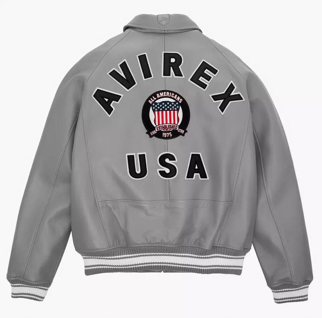 Men's Avirex Gray Real Bomber American Flight Jacket 100% Real Leather ...