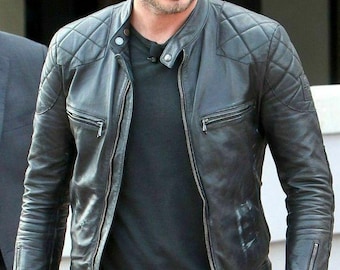 Mens David Beckham Black Real Biker Leather Jacket Vintage Slim Fit
