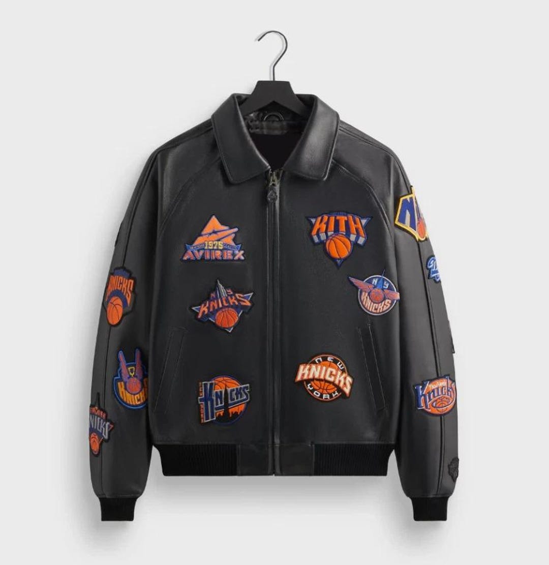 Kith & AVIREX Leather Jacket New York Knicks Icon Patches Black Jacket ...