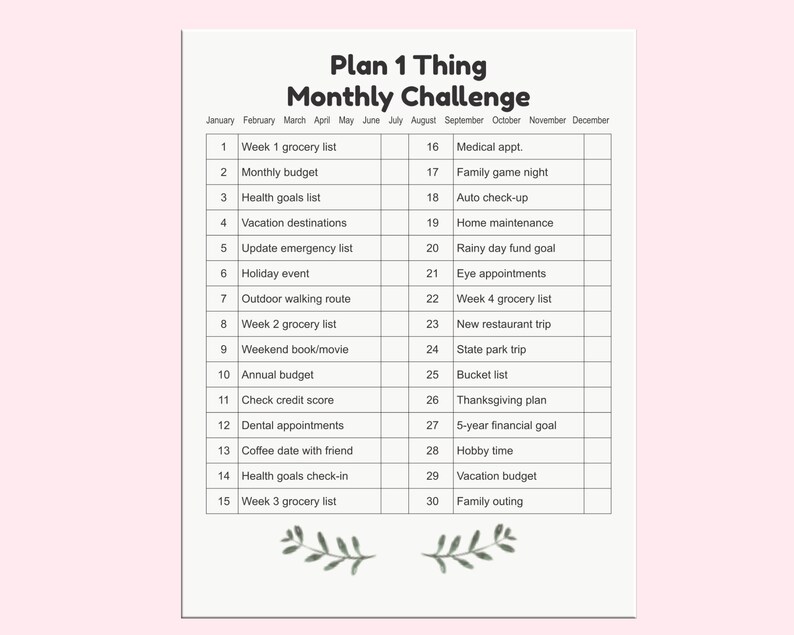Plan 1 Thing Monthly Challenge, Chores Planner Page, Financial Planner ...