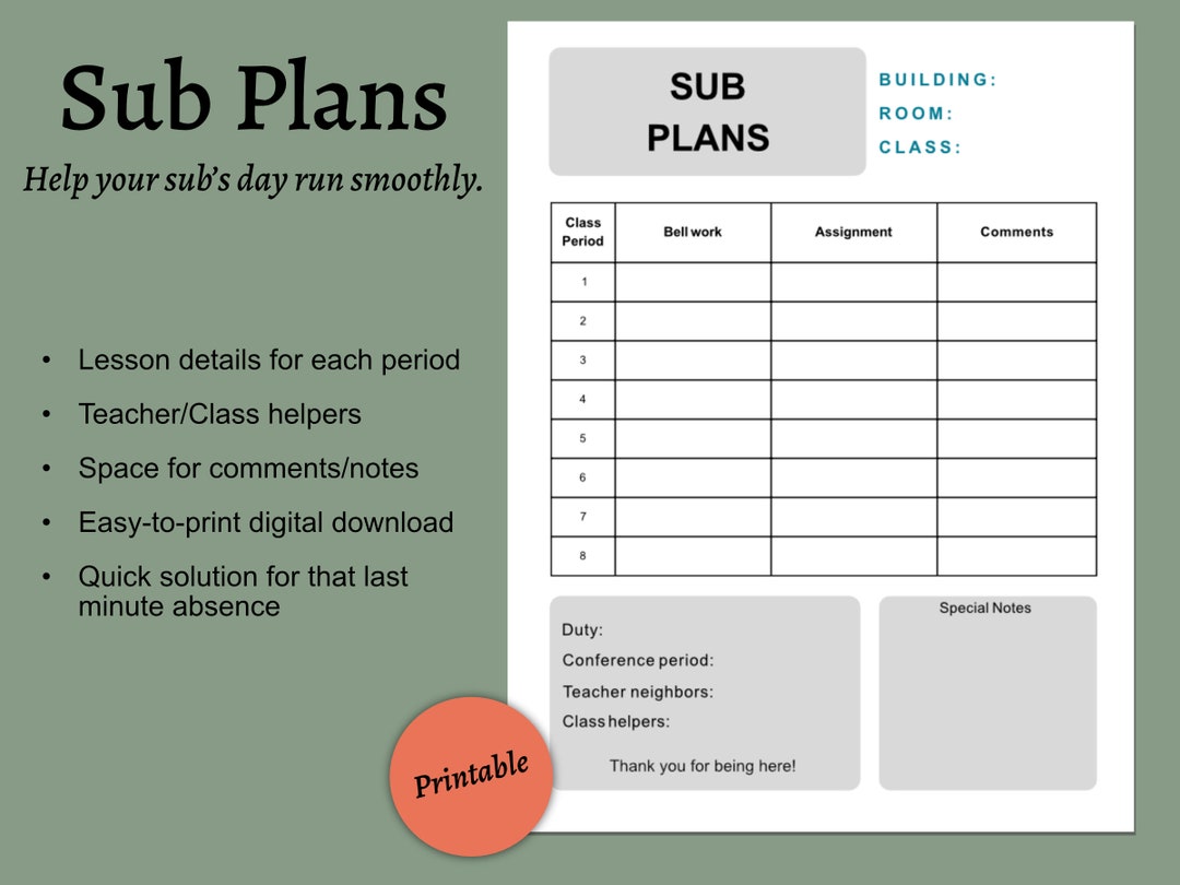 Teacher Substitute Planner, Downloadable Teacher PDF, Simple Daily ...