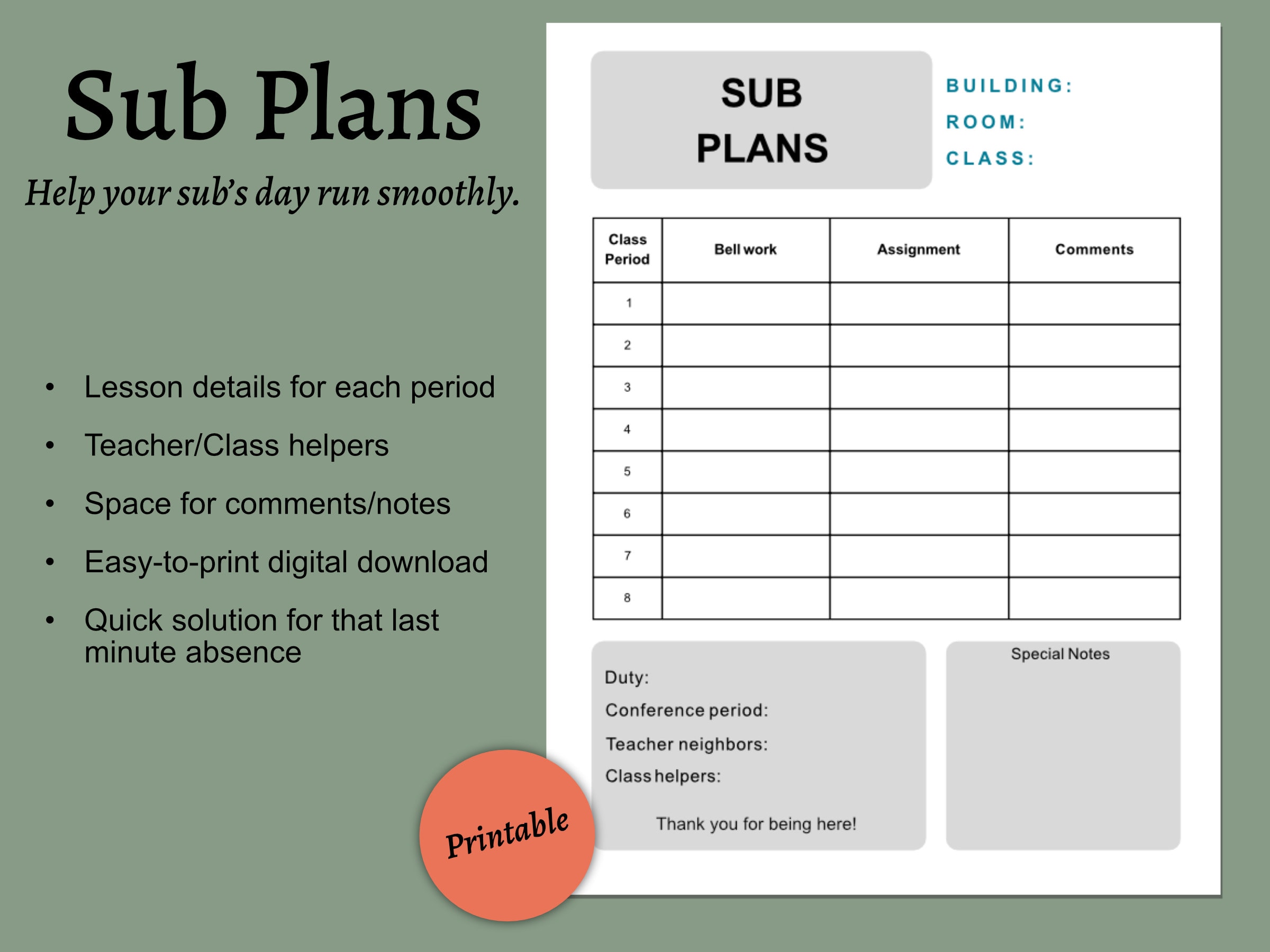 Teacher Substitute Planner, Downloadable Teacher PDF, Simple Daily ...