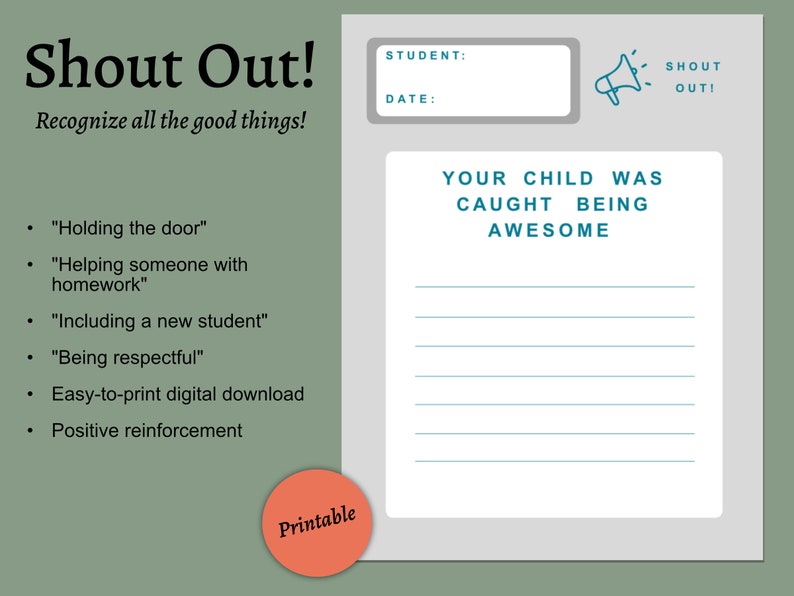 Teacher Shoutout for Good Behavior, Student Recognition, Downloadable ...