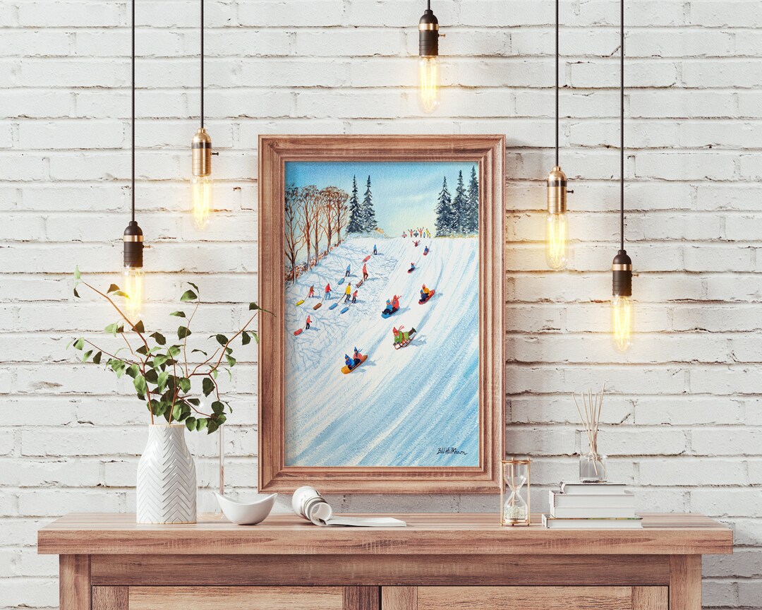 Watercolor Print of Sledging Family on the Slopes Canadian Alps ...