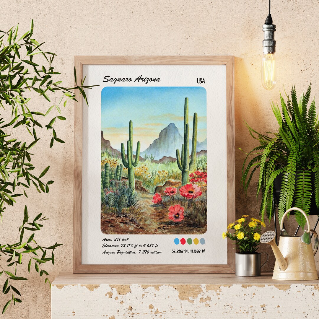 Saguaro Cactus Arizona Travel Poster | Watercolour & Ink Design Digital ...