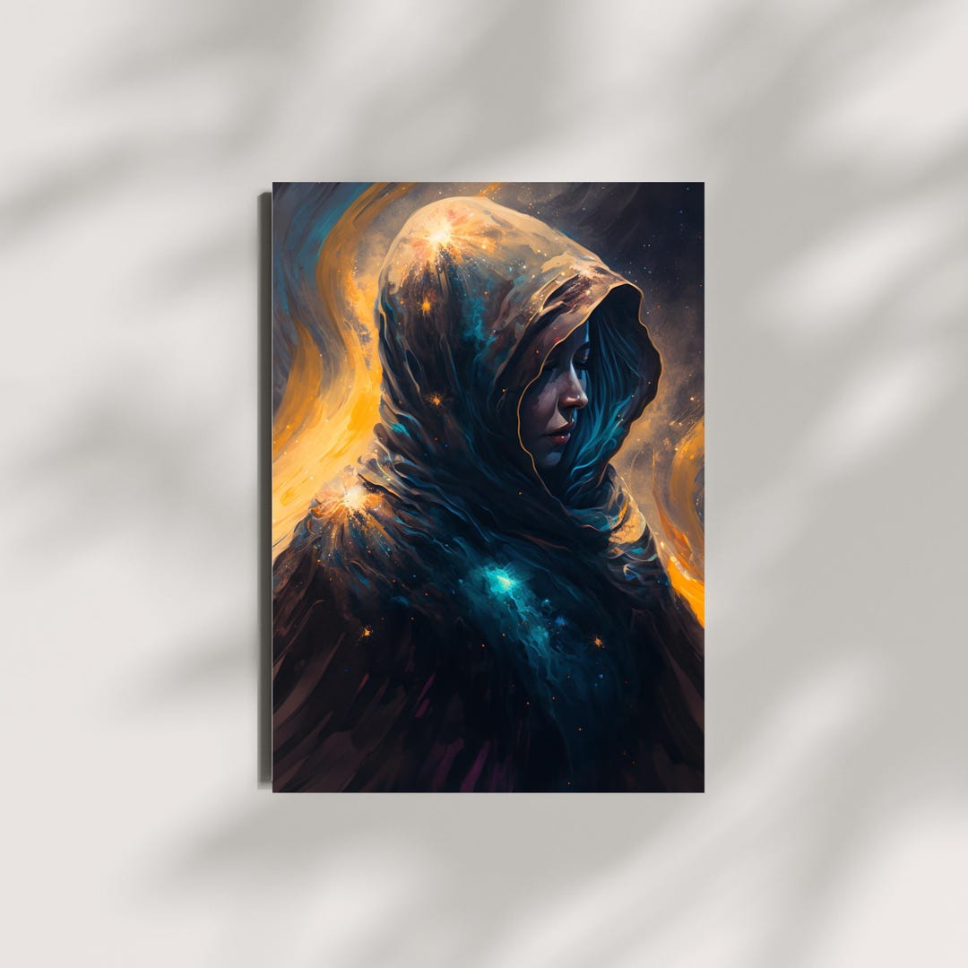 Mystical Galaxy Cloak Digital Art | Cosmic Woman in Hooded Cape | Sci ...