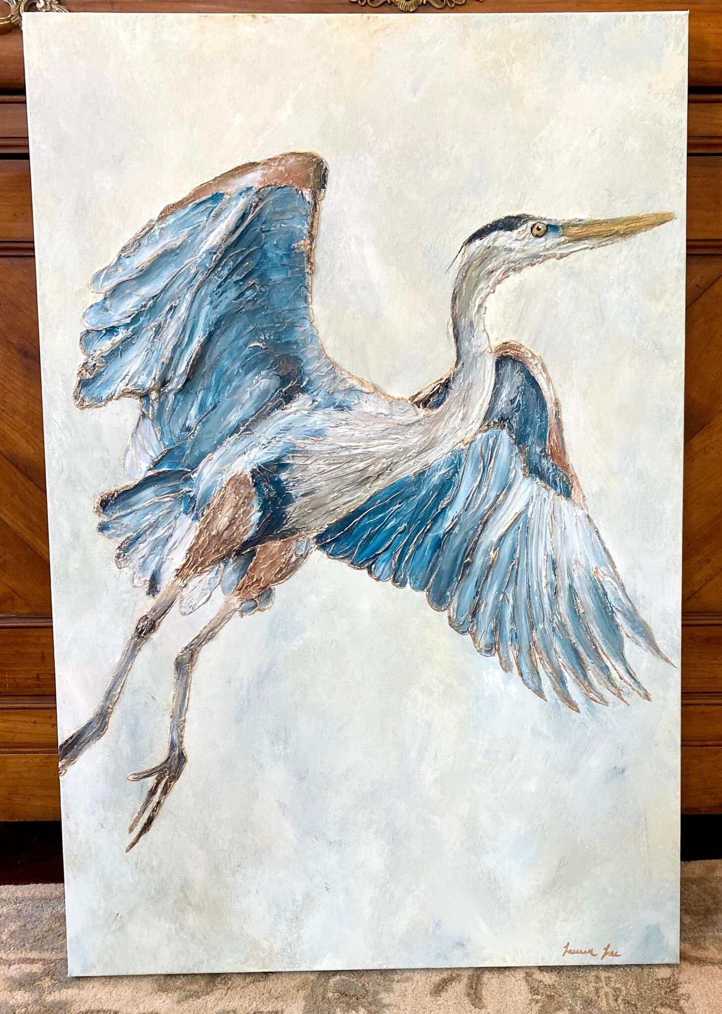 Original Textured Artwork-blue Heron Flying - Etsy