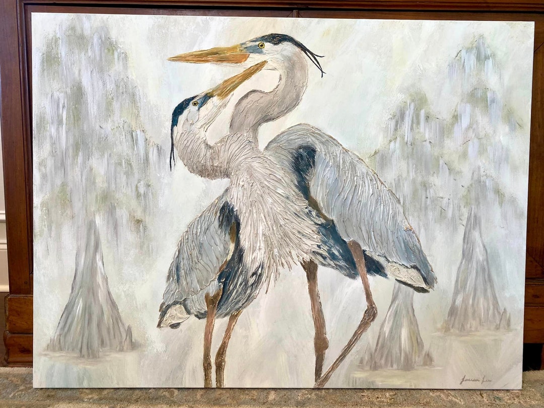 Original Textured Artwork-blue Herons With Cypress Trees - Etsy