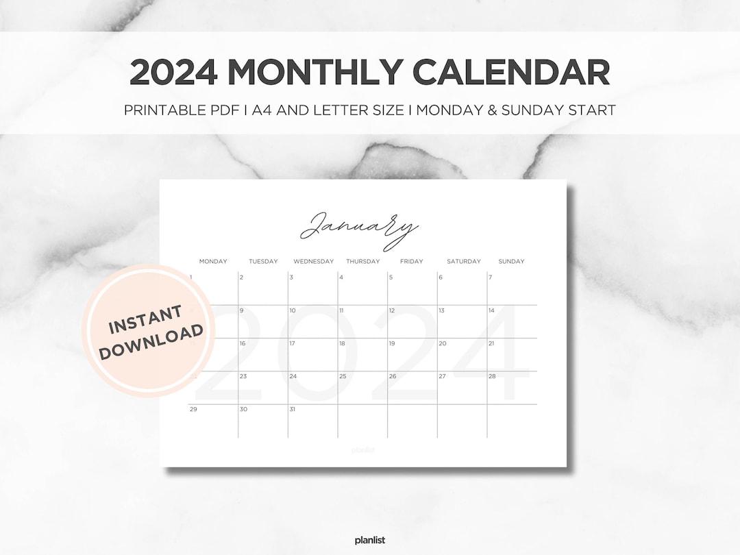 Printable Calendar 2024, Monthly Planner 2024, A4, Letter, Landscape ...