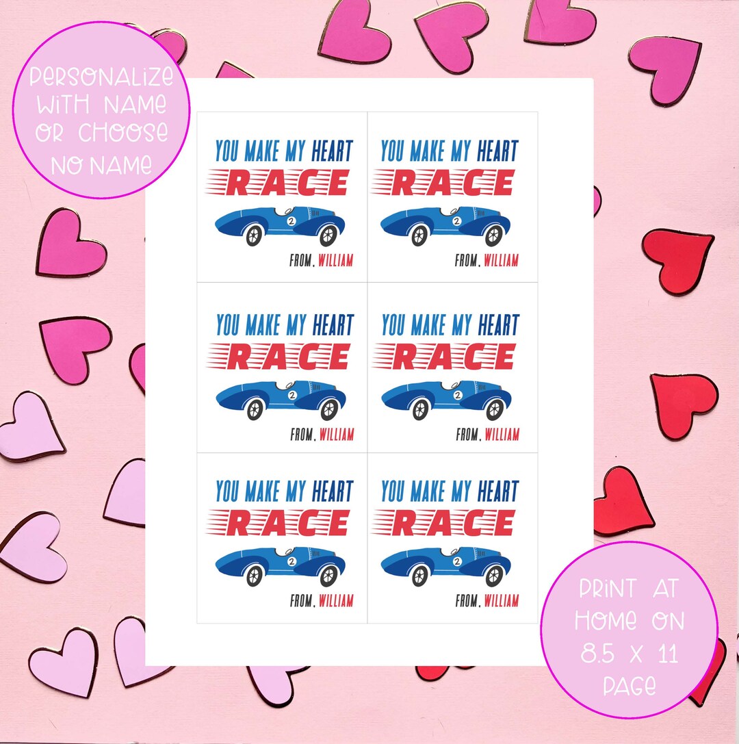 Race Car Valentine Printable Gift Tag, Valentine's Tag, Personalized ...