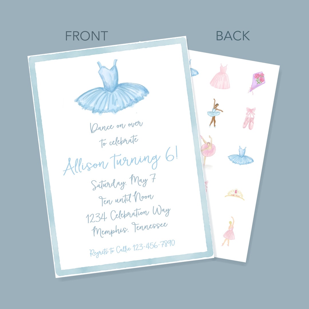 Blue Ballet Invitation, Evite or Printed Options, Return Address Design ...