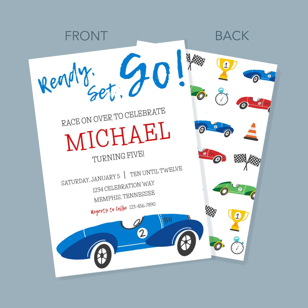 Blue Race Car Invitation, Envelopes/return Address Included, Kid's ...