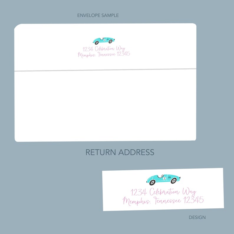 Pink Race Car Thank You Note With Return Address Printed Envelopes ...