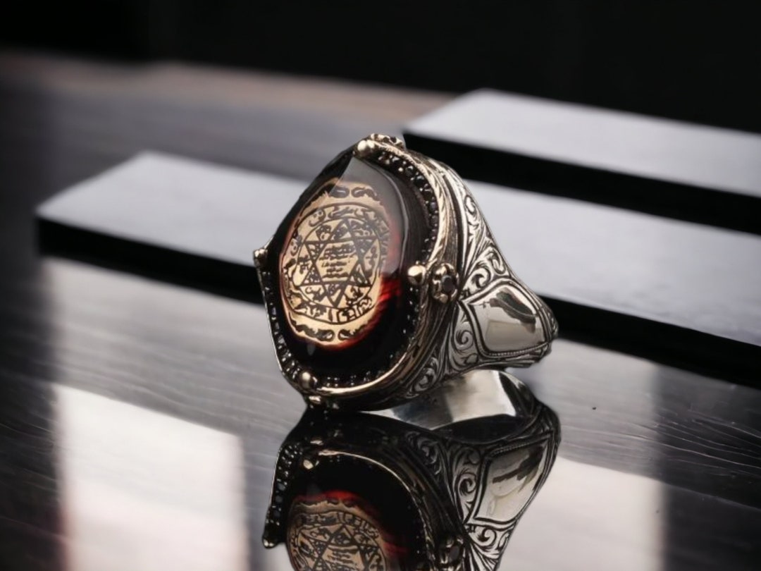 Sterling Silver Amber Men Ring Amber Stone With Pentagram - Etsy