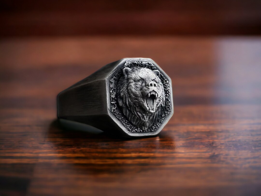 Silver Signet Bear Ring for Men, 3D Bear Head Ring, Gothic Jewelry ...