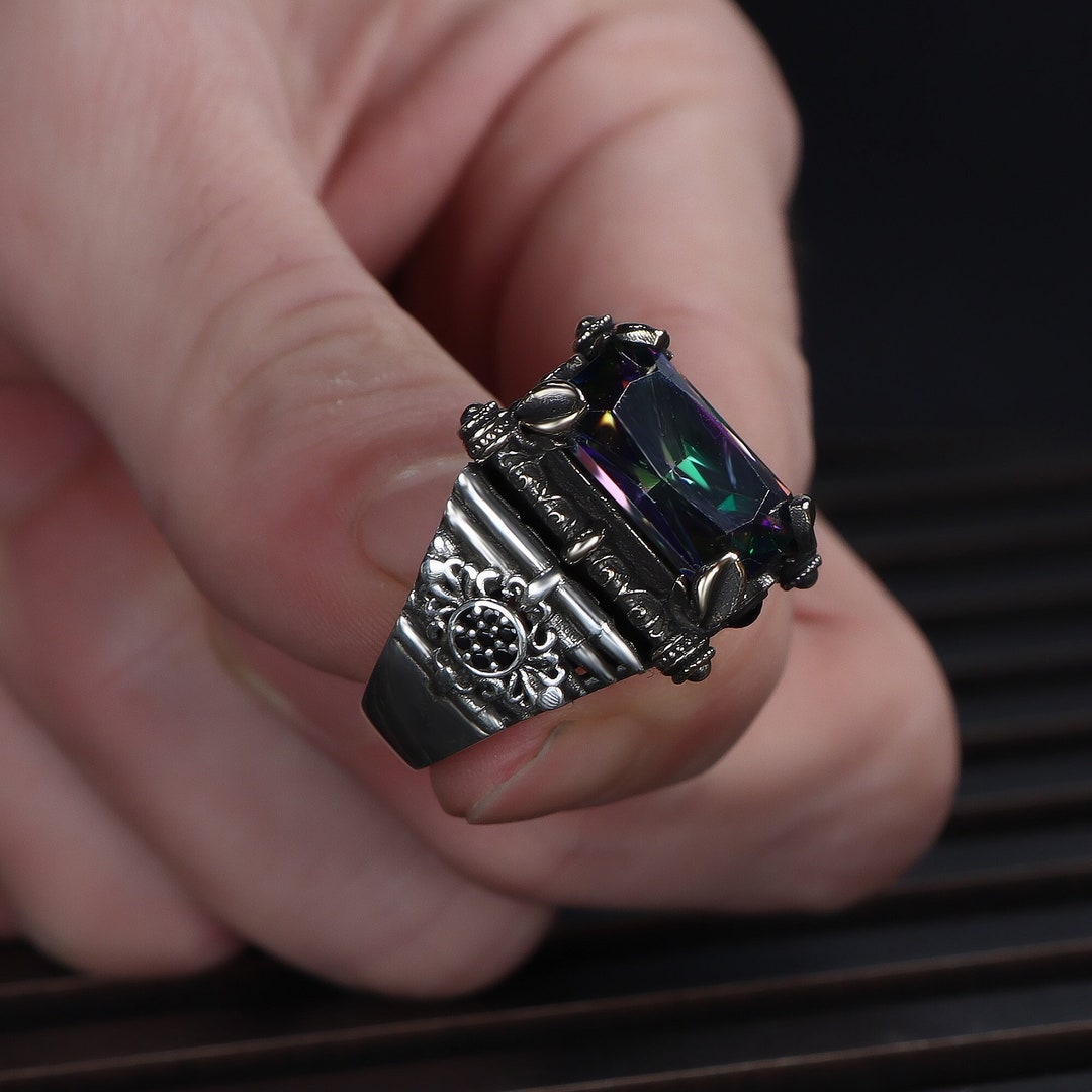 Engraved Silver Ring for Men, Square Alexandrite Ring, Rainbow ...