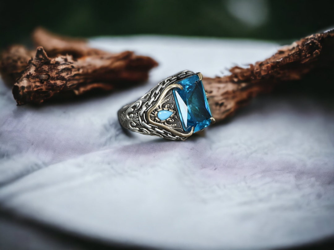 Natural Aquamarine Stone Men Ring, Handmade Blue Stone Ring, Large ...