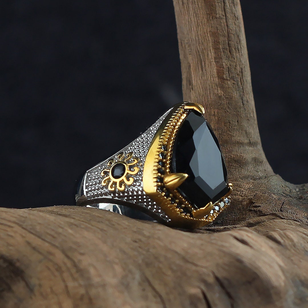 Luxury Men Ring With Zircon, Black Stone Men Ring, Triangle Unique Mens ...