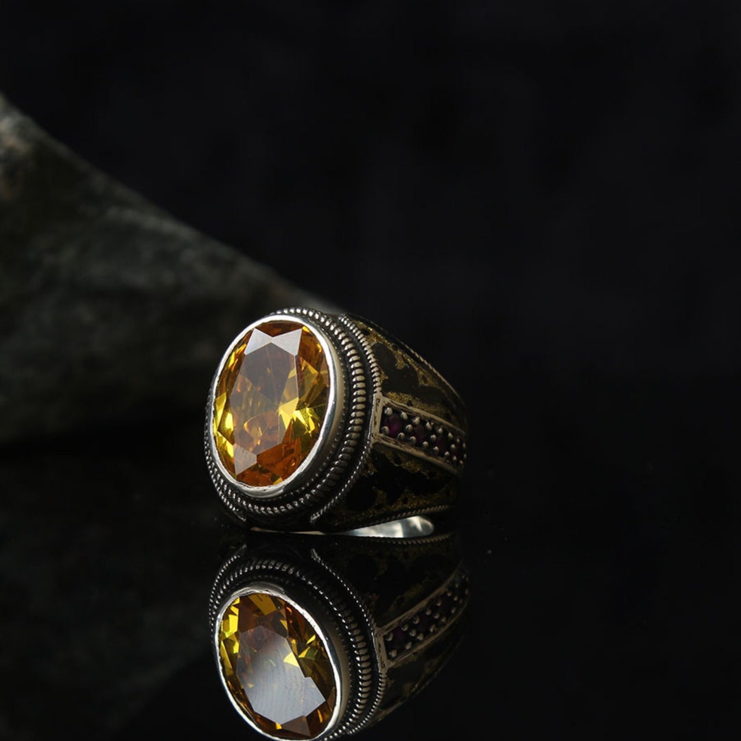 Oval Citrine Ring for Men, Yellow Stone Ring, Silver Signet Ring With ...