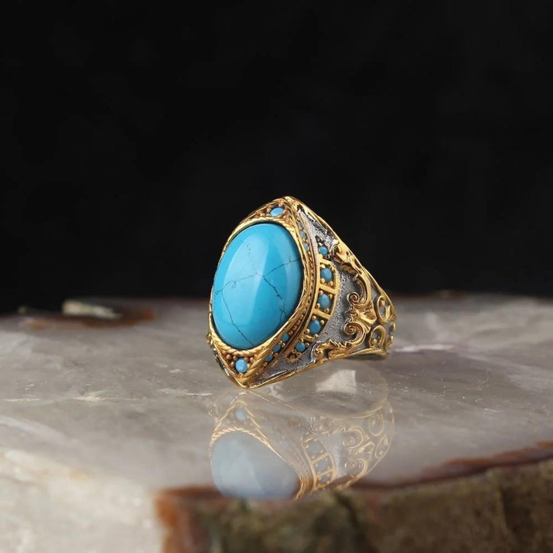Gold Plated Turquoise Stone Men's Ring 24K Gold Plated - Etsy