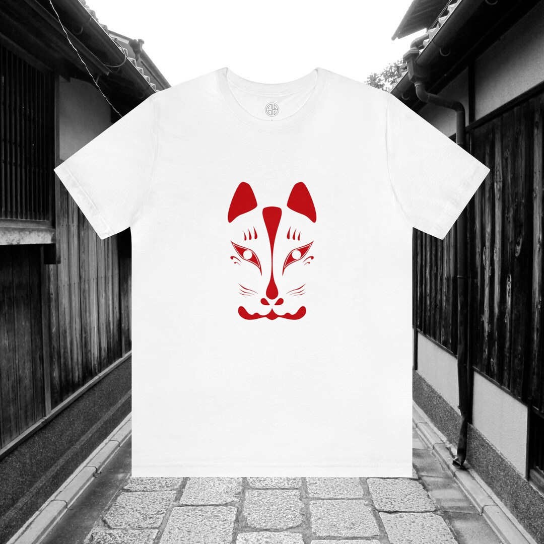 Japanese Kitsune Mask Shirt, Japan Art Fashion Streetwear, Fox Noh Mask ...