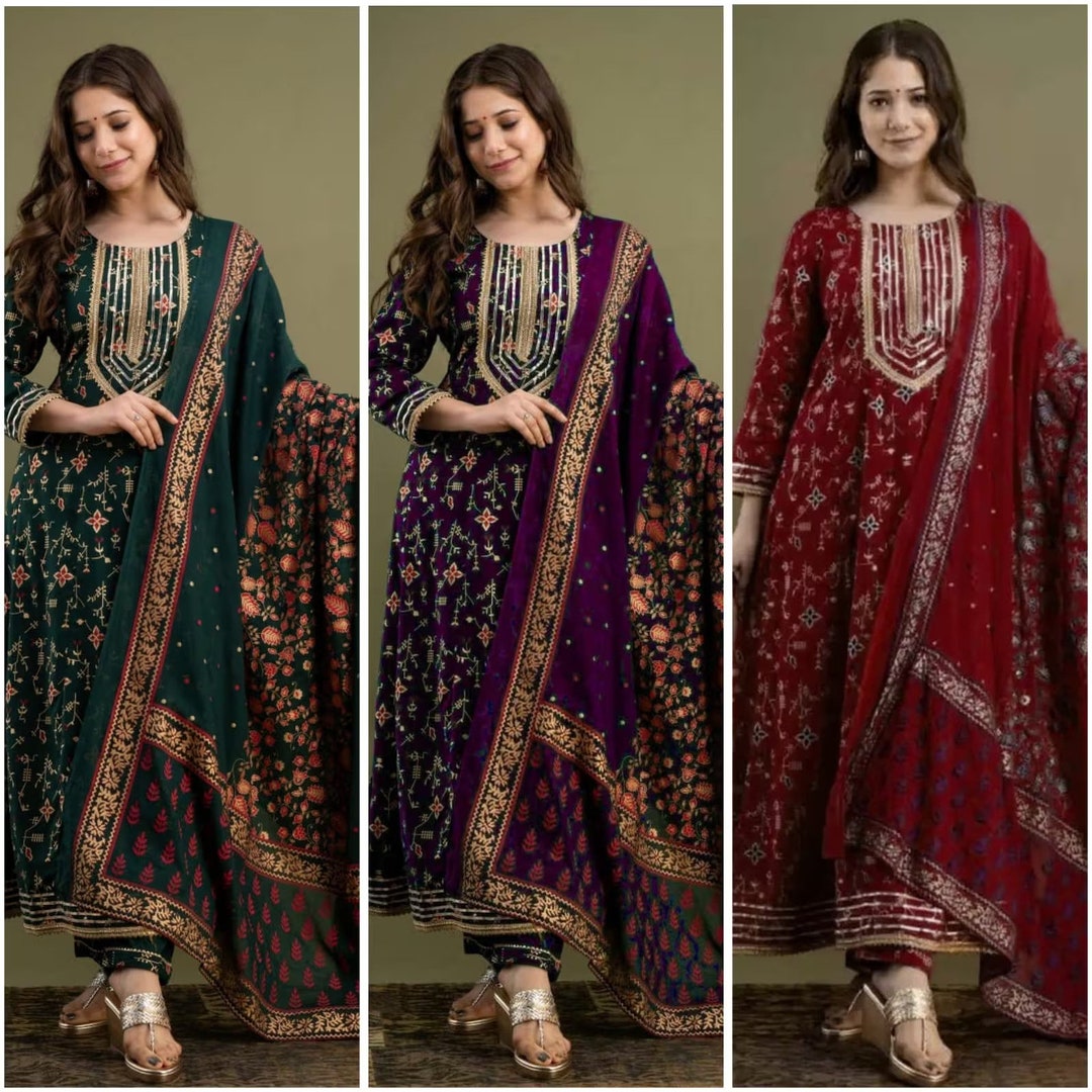 M to 7xl Plus Size Rayon Kurta With Palazzo Dupatta Set, Large Size ...