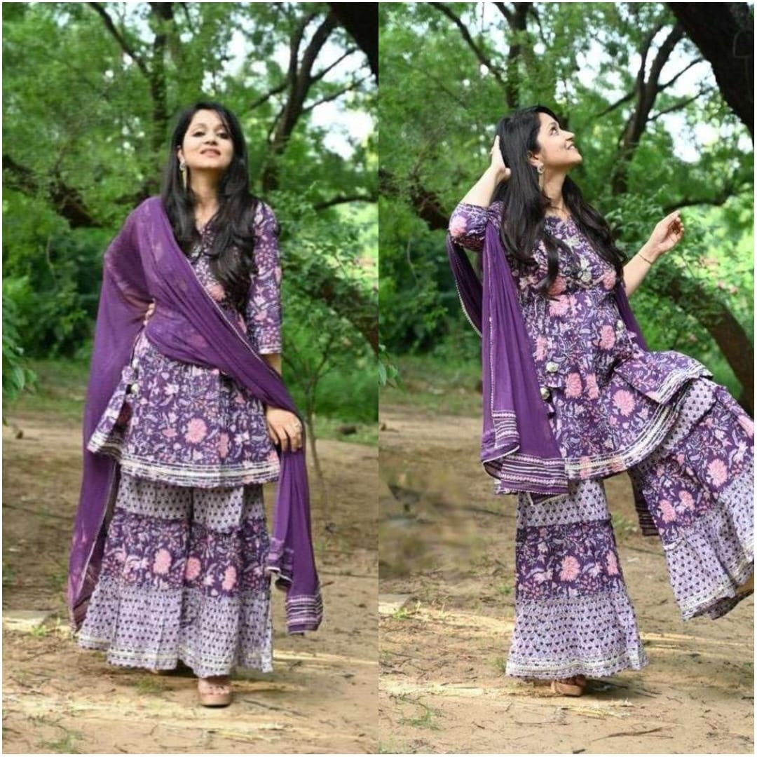 S to 7XL Plus Size Gotta Lace Cotton Kurta & Sharara Dupatta Set Women ...