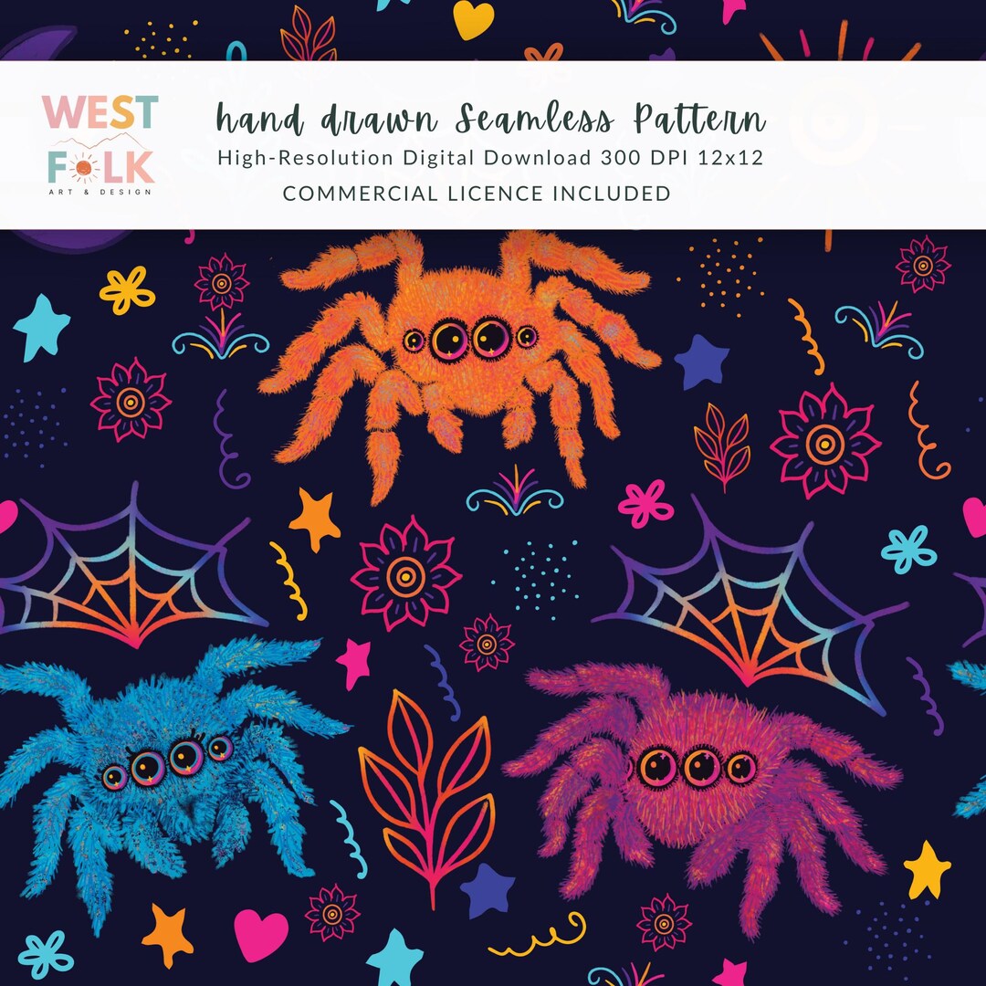 Neon Jumping Spider Seamless Pattern: Kawaii Bug Digital Paper (digital ...