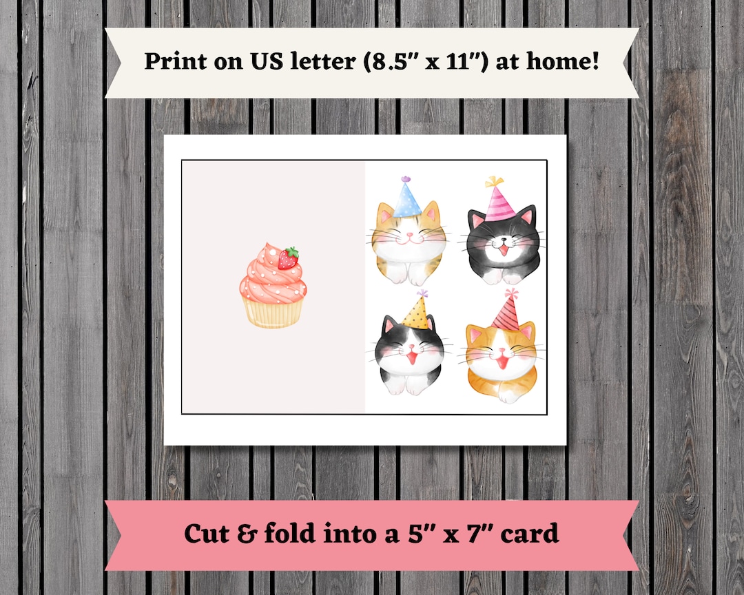Printable Birthday Card, Cat Birthday Card, Birthday Wishes Card, Cute ...
