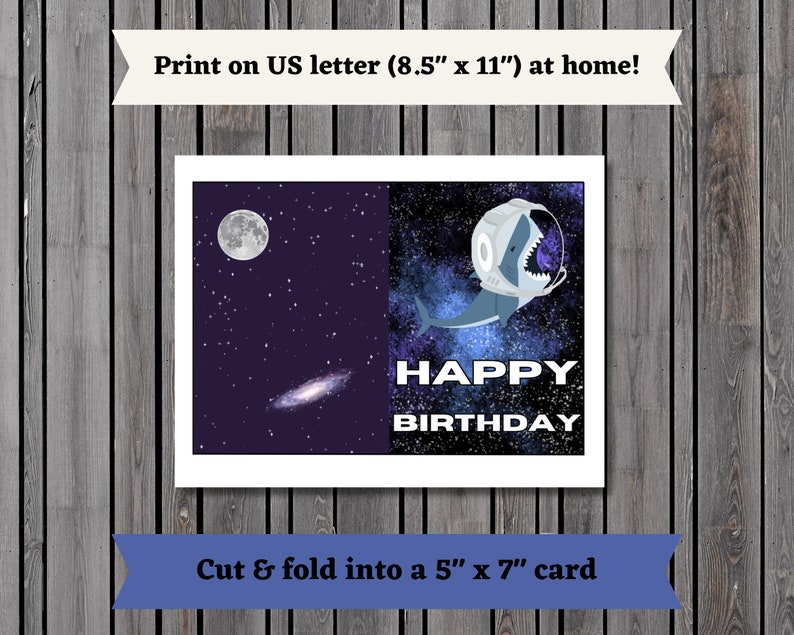 Printable Birthday Card, Space Shark Birthday Card, Birthday Wishes ...