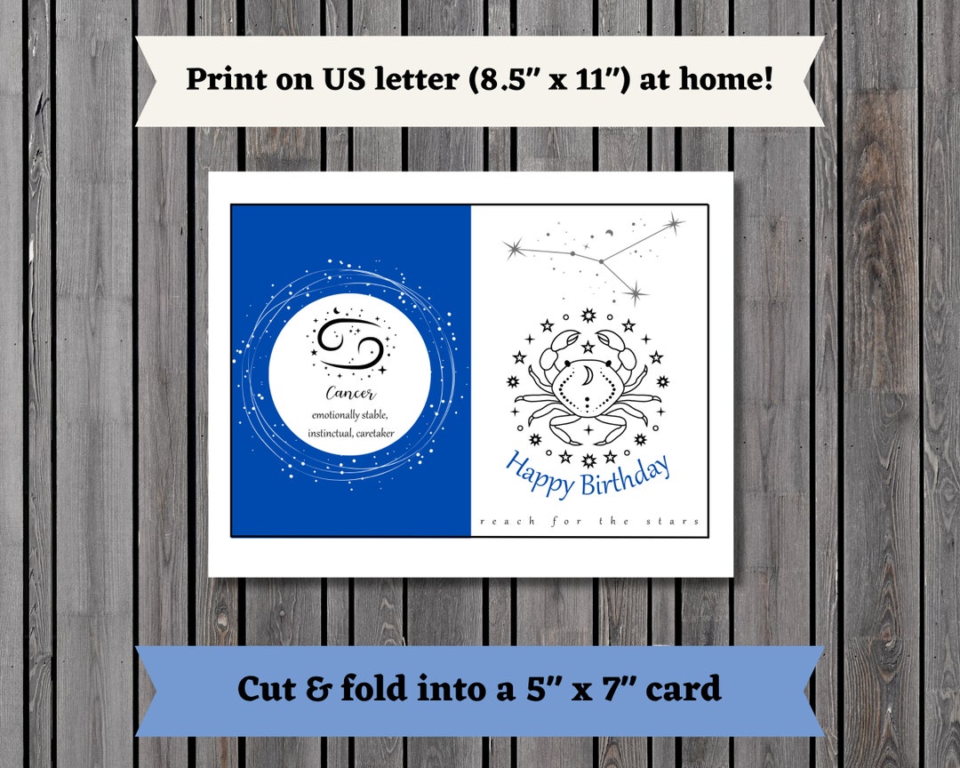Printable Astrological Cancer Birthday Card, Birthday Card, Birthday ...