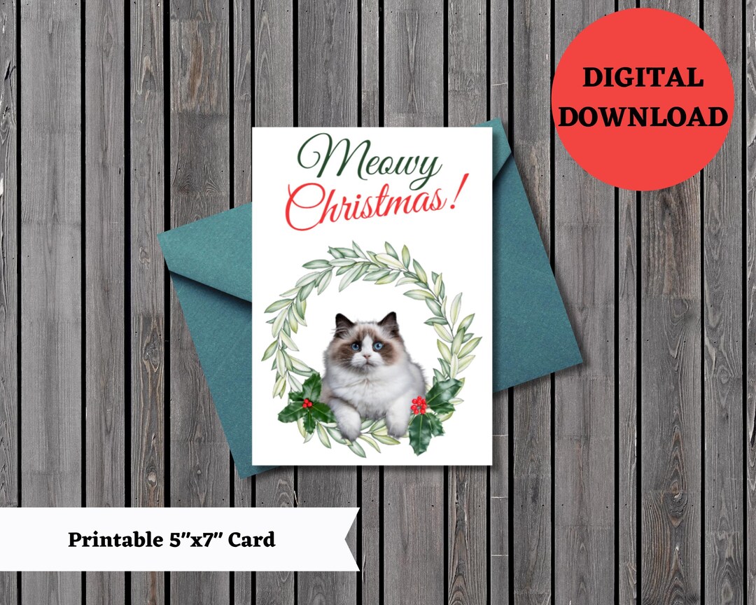 Printable Christmas Card, Winter Card, Holiday Wishes Card, Ragdoll Cat ...