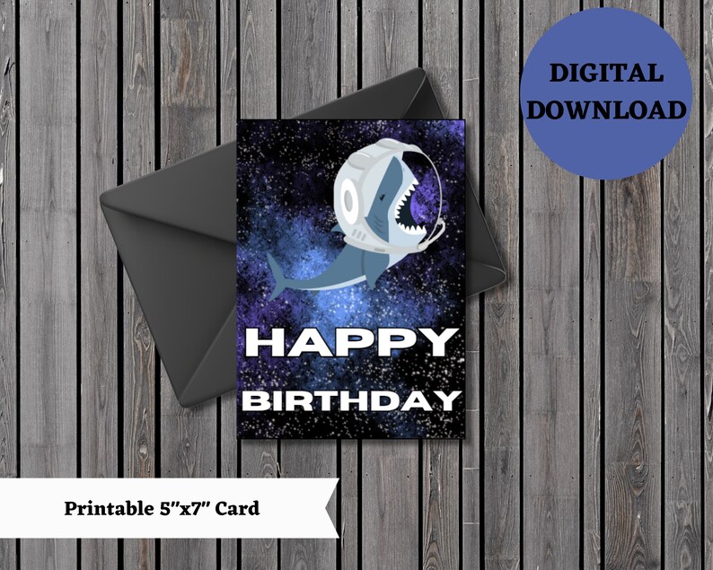 Printable Birthday Card, Space Shark Birthday Card, Birthday Wishes ...