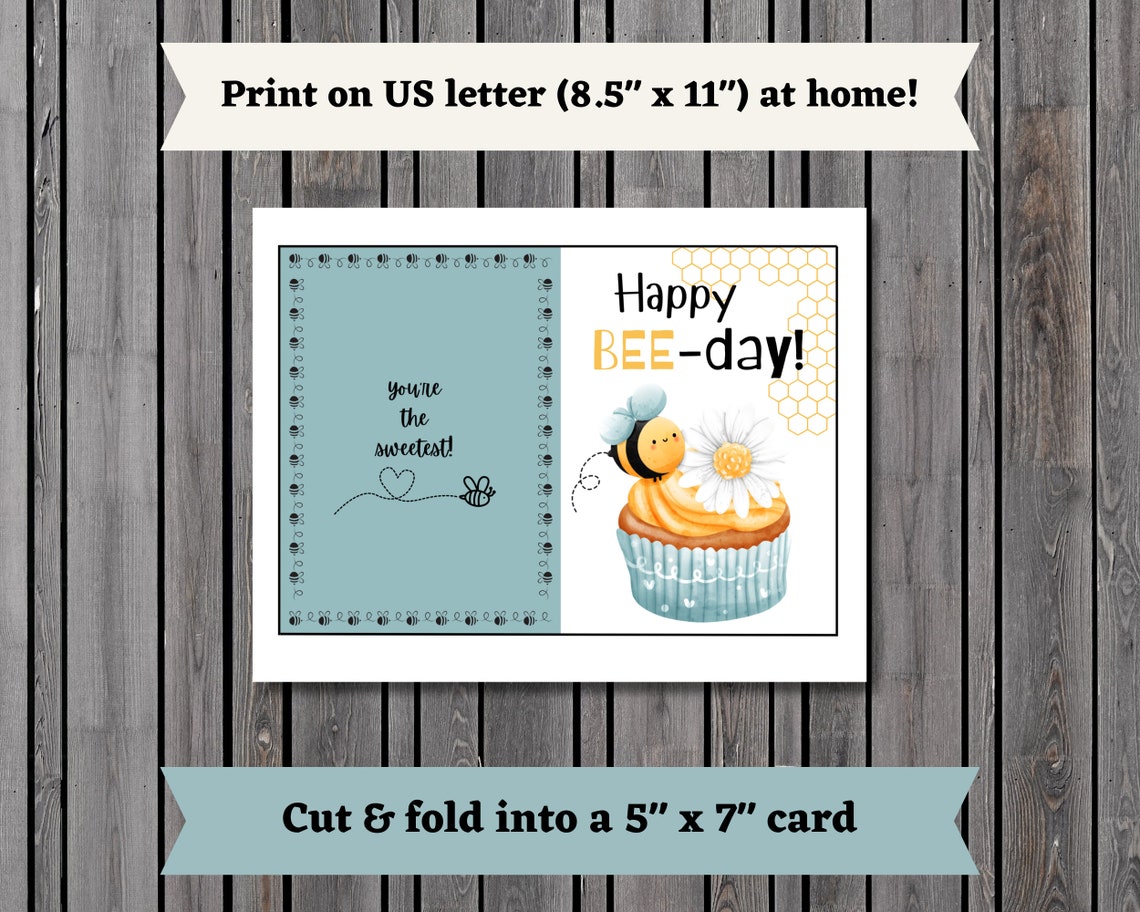 Printable Birthday Card, Bee Birthday Card, Birthday Wishes Card, Cute ...