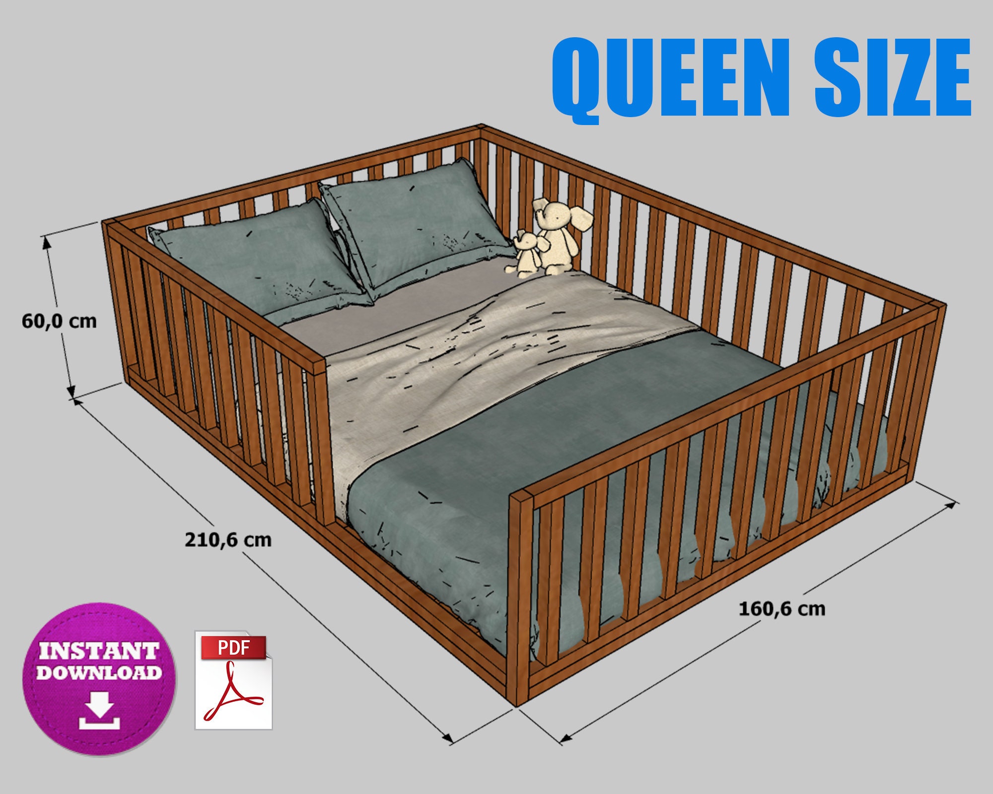 Metric Queen Size Montessori Floor Bed Digital Plan, DIY Montessori ...