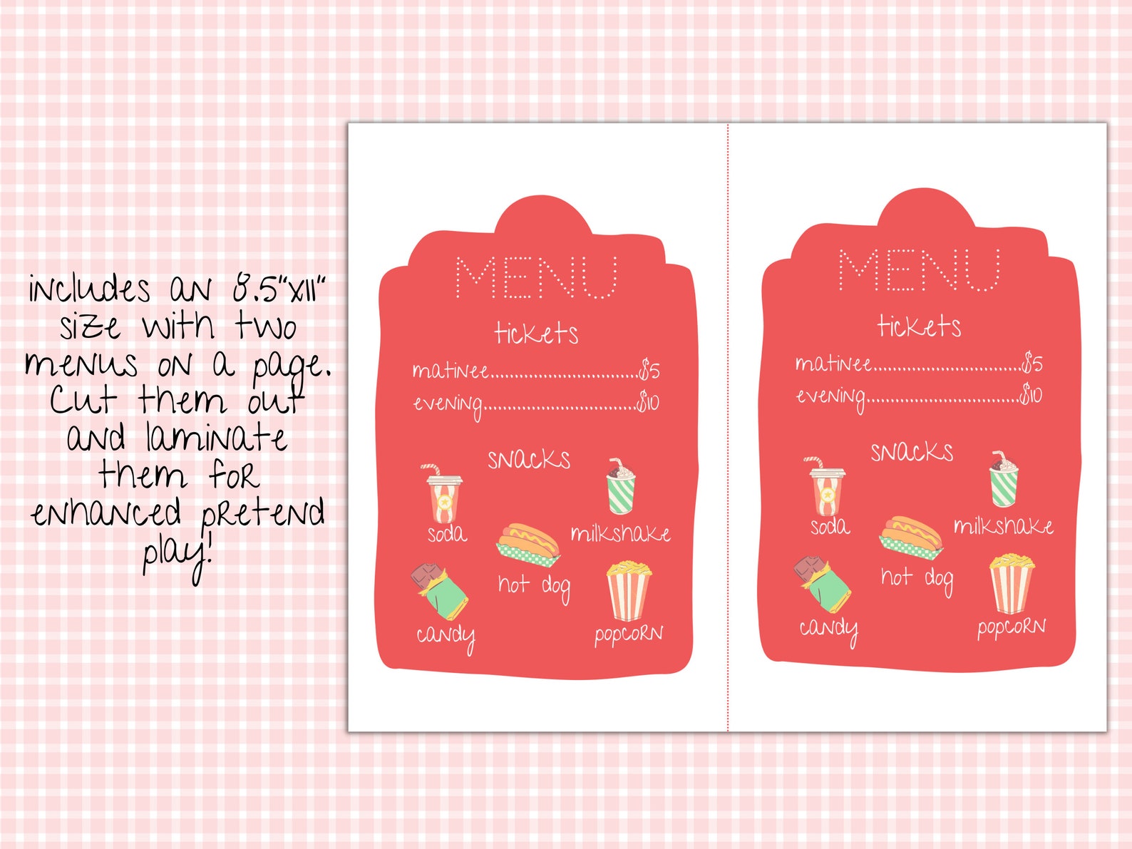 Pretend Play Movie Theater Menu, Pretend Movie Theater Menu, Movie ...