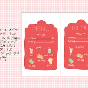 Pretend Play Movie Theater Menu, Pretend Movie Theater Menu, Movie ...