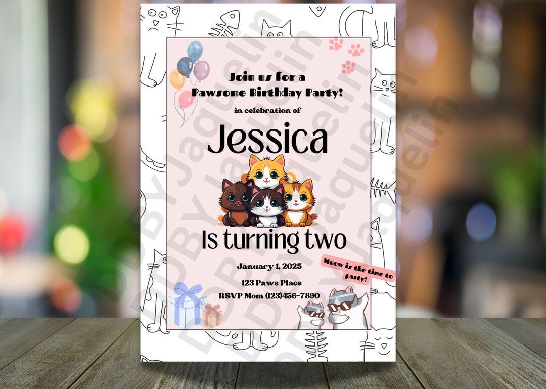 Editable Birthday Cat Theme Invitation, Kitty Cat Invite, Cat Evite ...