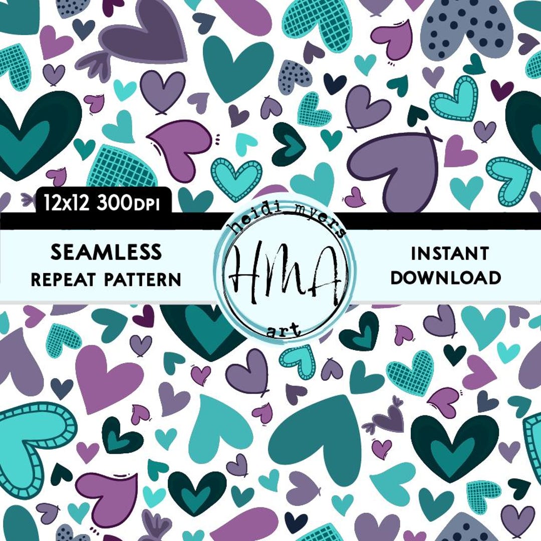 Whimsical Teal & Purple Hearts Seamless Pattern - Dense - 12x12” 300dpi ...